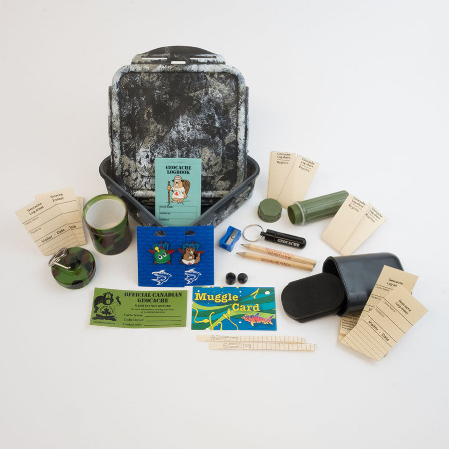 Geocache Hide Kit has 6 containers plus logbooks, pencils, FTF pins ...